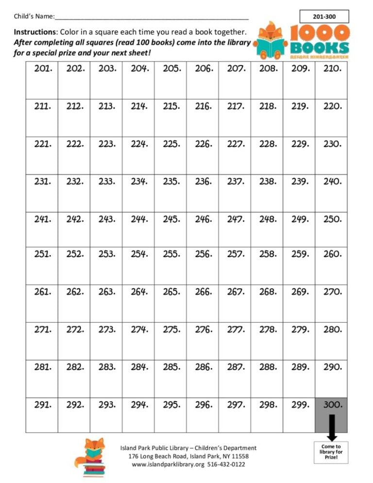 1000 Books Before Kindergarten Tally Sheets